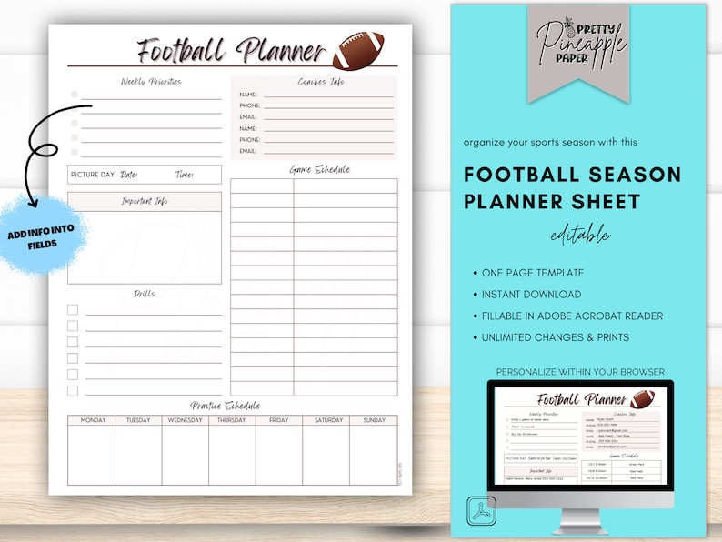 Editable Football Season Planner Sheet Printable Instant - Etsy