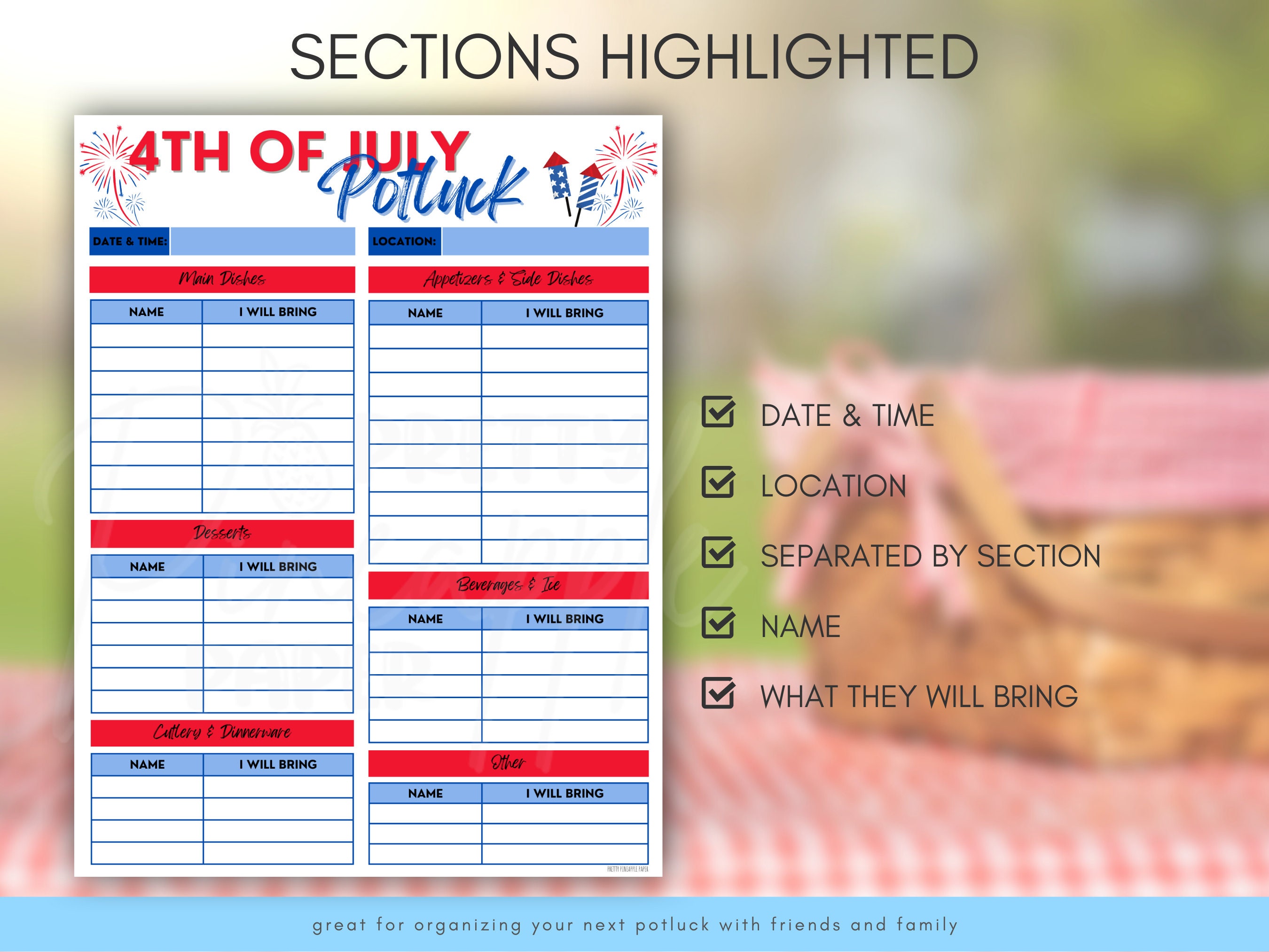 Editable Fourth of July Potluck Party Sign up Sheet, Instant Digital ...
