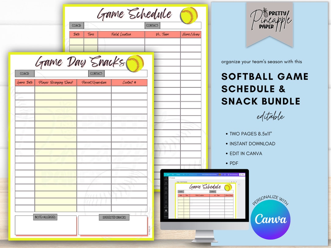 Editable Softball Snack Sign up & Game Schedule Template Bundle ...