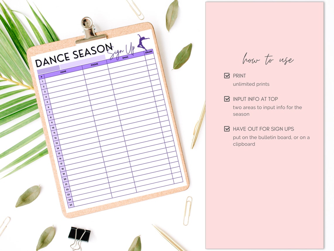 Printable Dance Season Sign up Sheet Instant Download Template, Dance ...