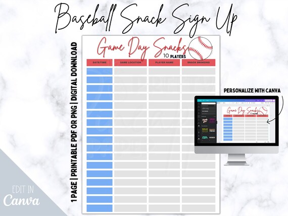 Editable Baseball Game Day Snack Schedule Template. Instant | Etsy
