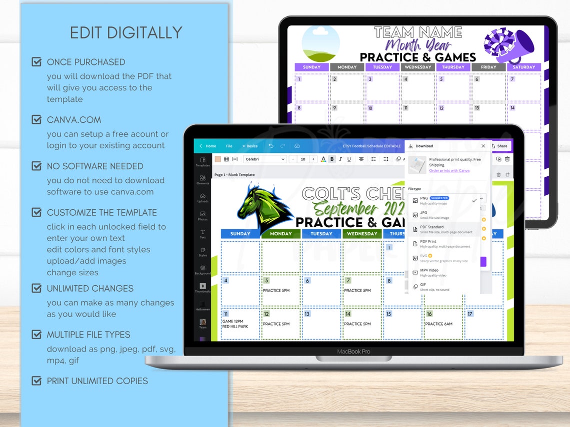 Editable Cheerleader Calendar Template, Instant Download Practice Game ...