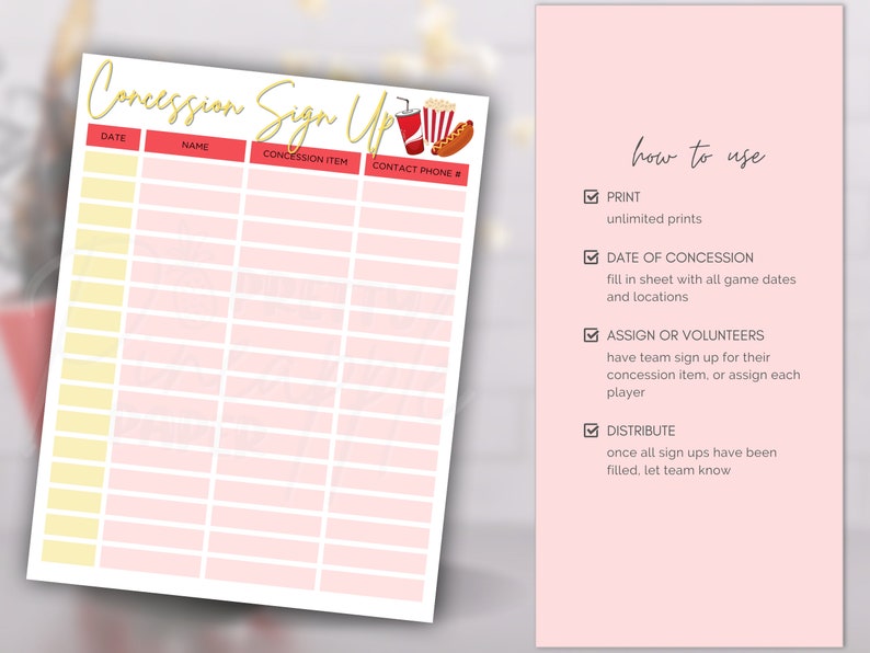 Printable Concession Stand Sign up Instant Download Sheet. - Etsy