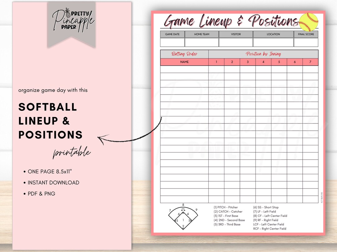 Printable Softball Team Line up and Field Positions, Instant Download ...