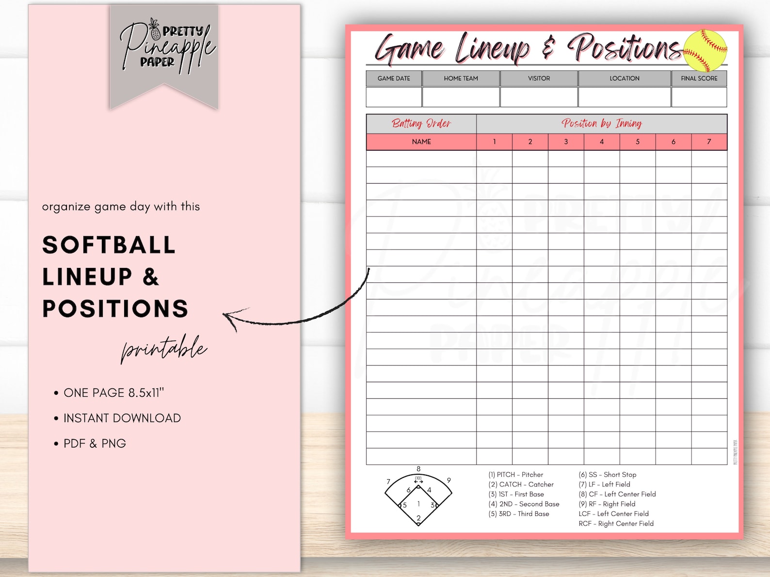 Printable Softball Team Line up and Field Positions, Instant Download ...