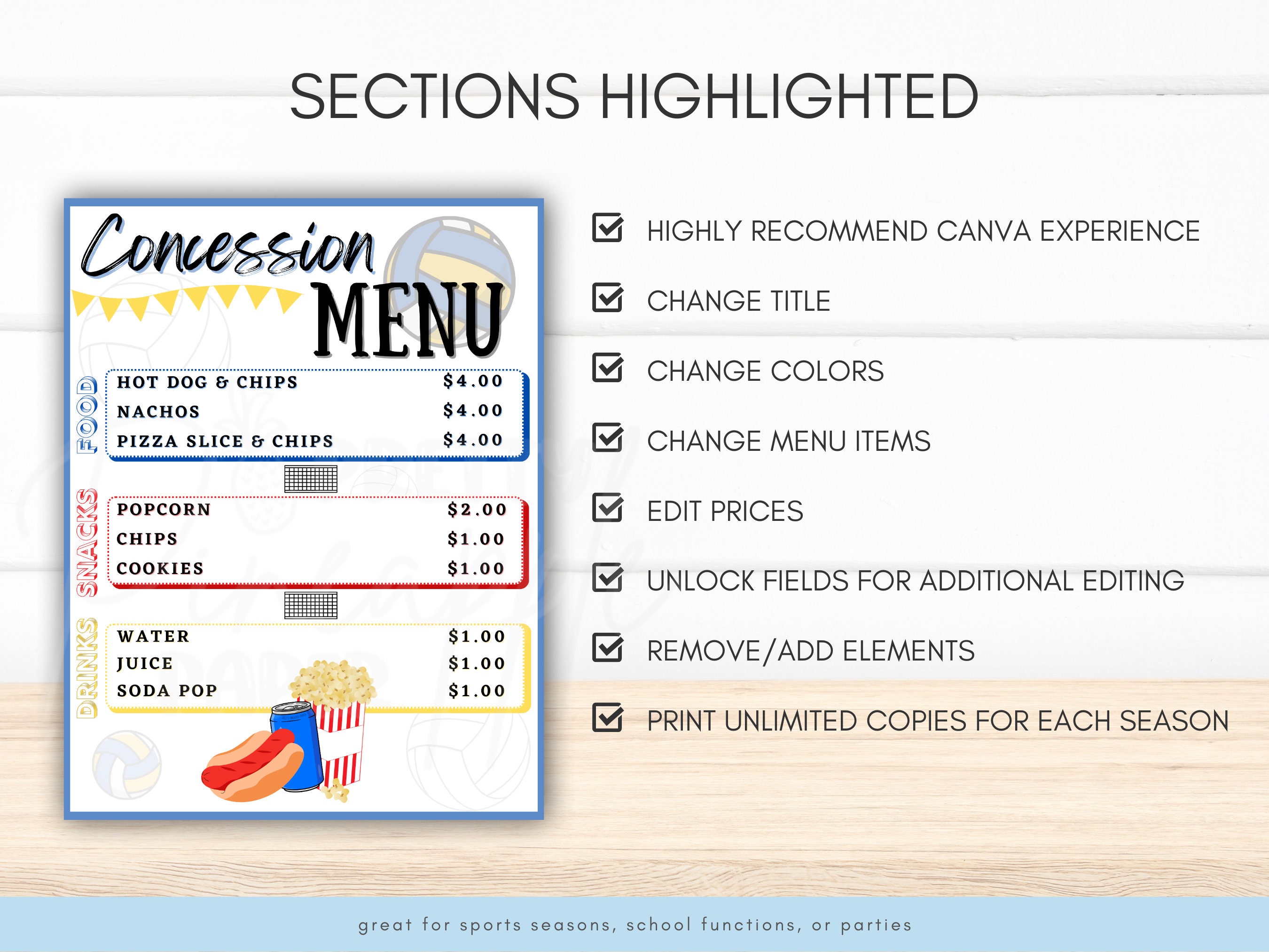 Editable Concession Stand Menu Volleyball, Instant Download Canva ...