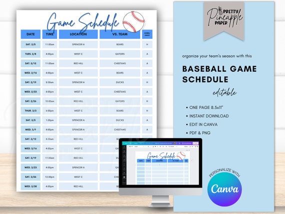 Editable Baseball or Tball Game Schedule Instant Download to - Etsy