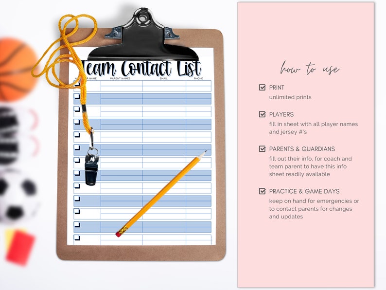 Printable Team Contact List Instant Download for Coach and Team Mom or ...