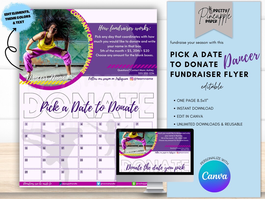 Editable Dancer - Calendar Fundraiser Template, Pick a Date to Donate ...