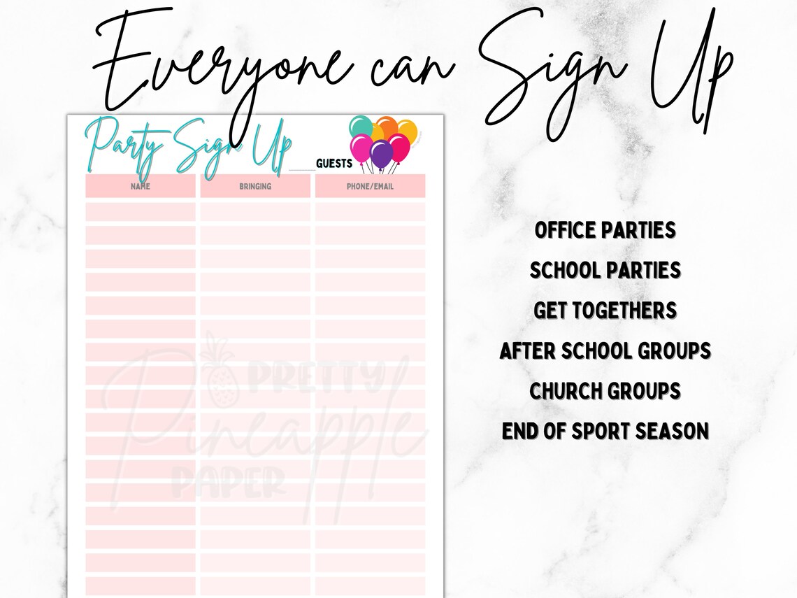 Printable Party Volunteer Sign up Sheet Download Potluck | Etsy
