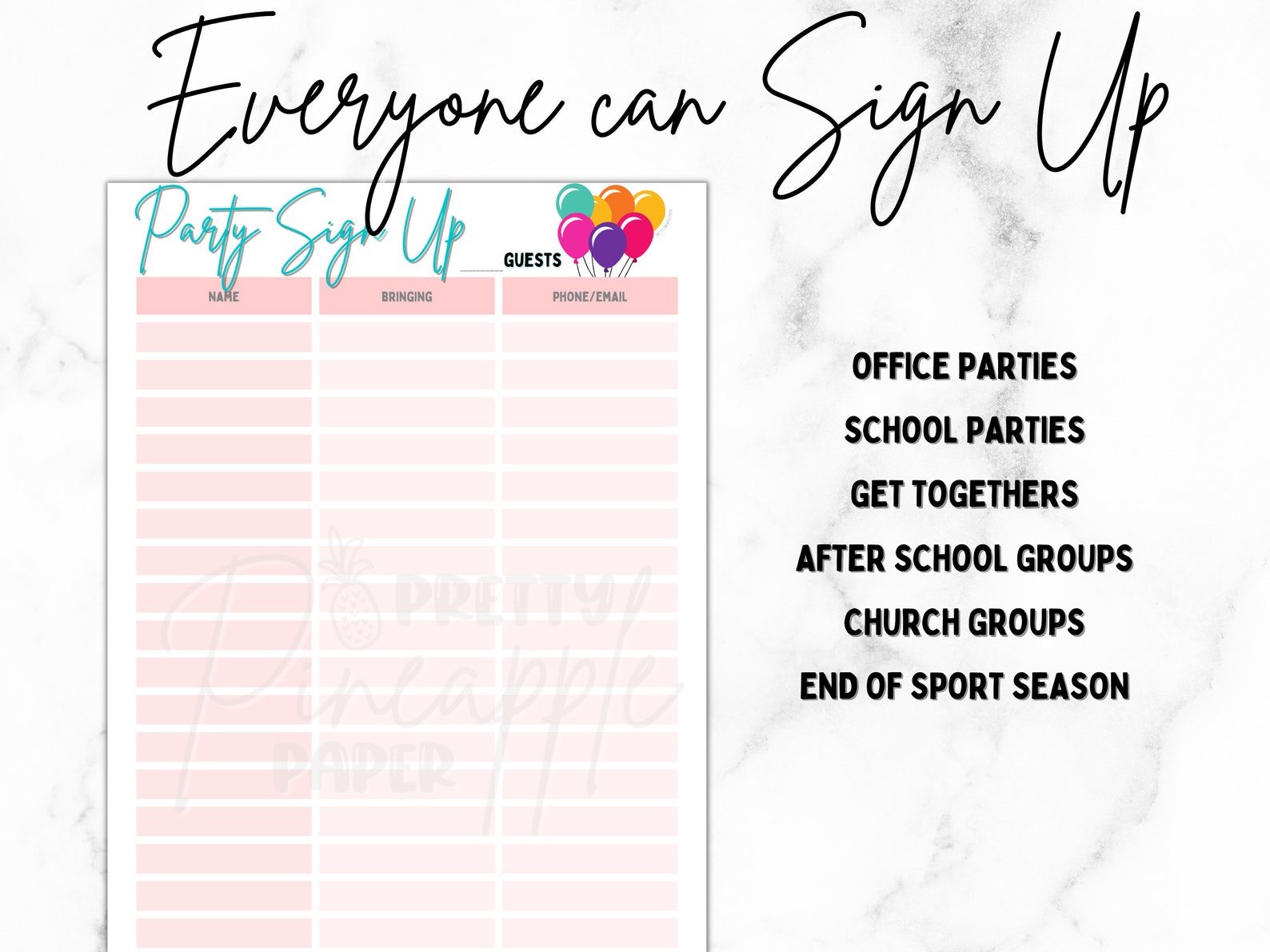 Printable Party Volunteer Sign up Sheet Download Potluck | Etsy