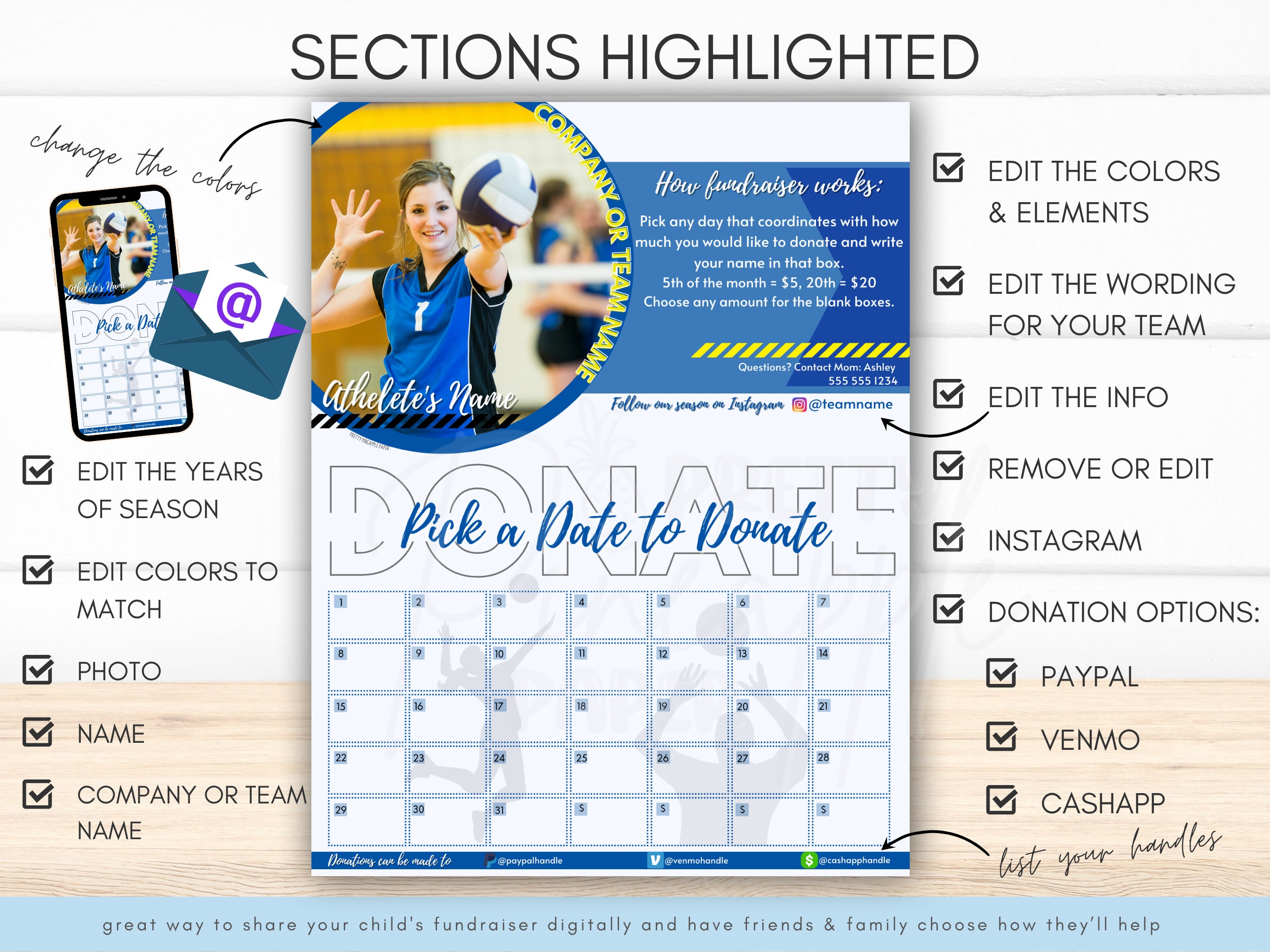 Editable Volleyball - Calendar Fundraiser Template, Pick a Date to ...