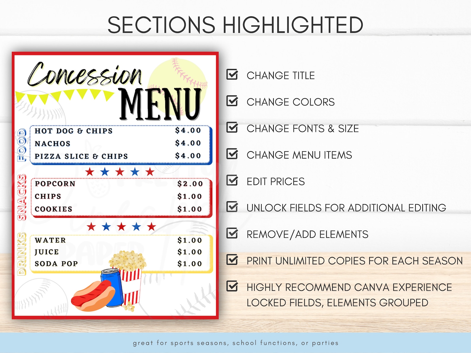 Editable Concession Stand Menu Softball, Instant Download Canva ...
