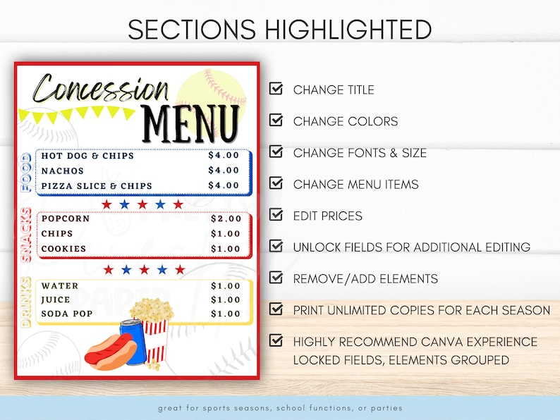 Editable Concession Stand Menu Softball, Instant Download Canva Template, Volunteer Softball ...