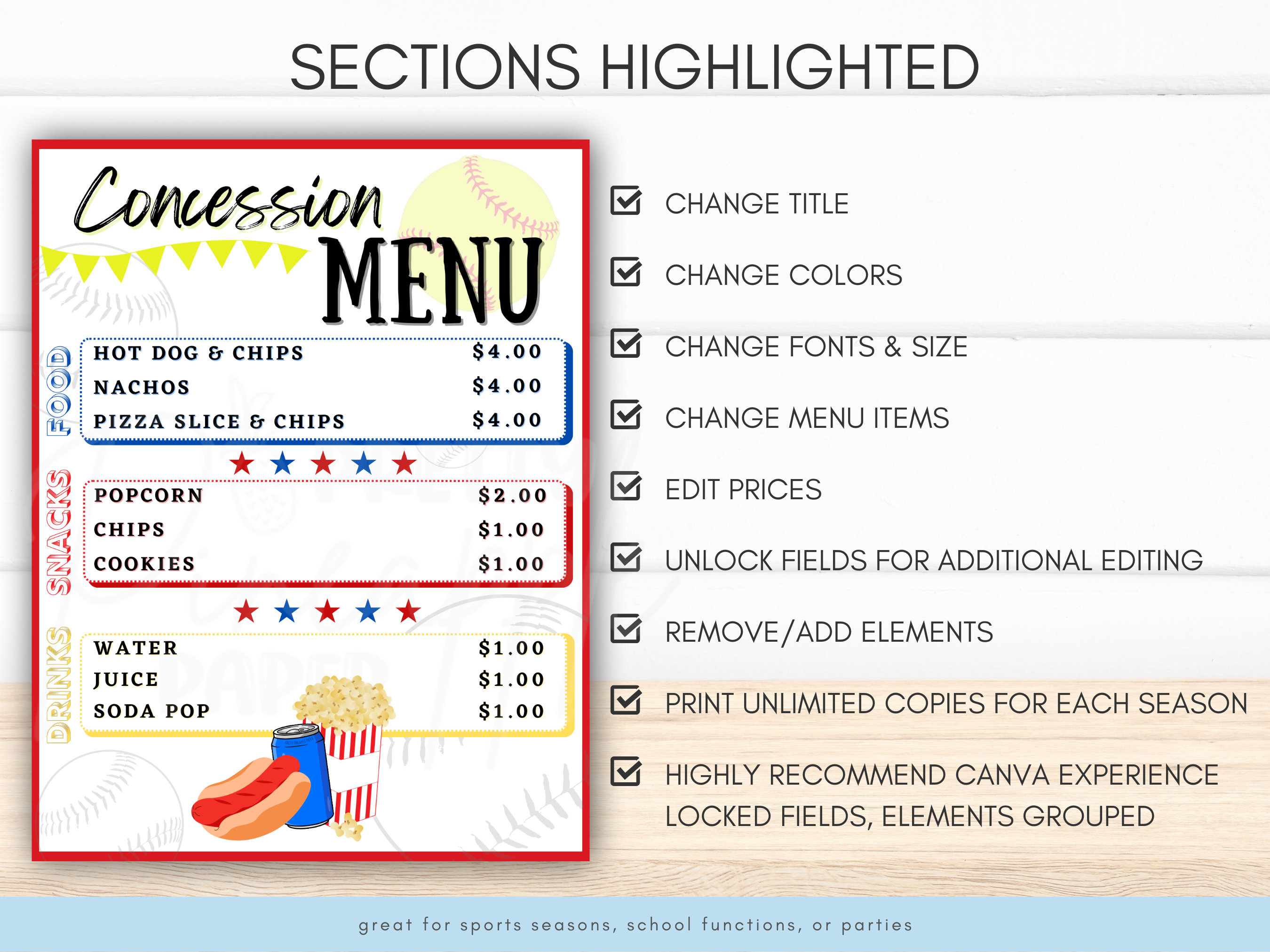 Editable Concession Stand Menu Softball, Instant Download Canva ...