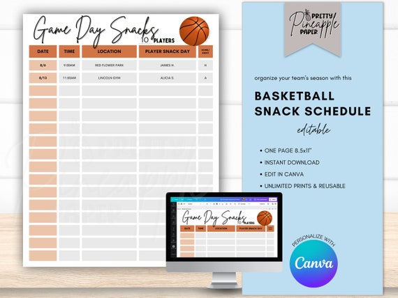 Editable Basketball Game Day Snack Schedule Template. Instant - Etsy