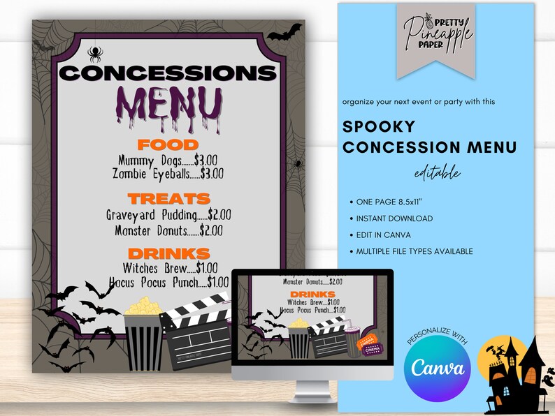 Editable Halloween Concession Menu, Snack Bar Printable, Movie Night ...