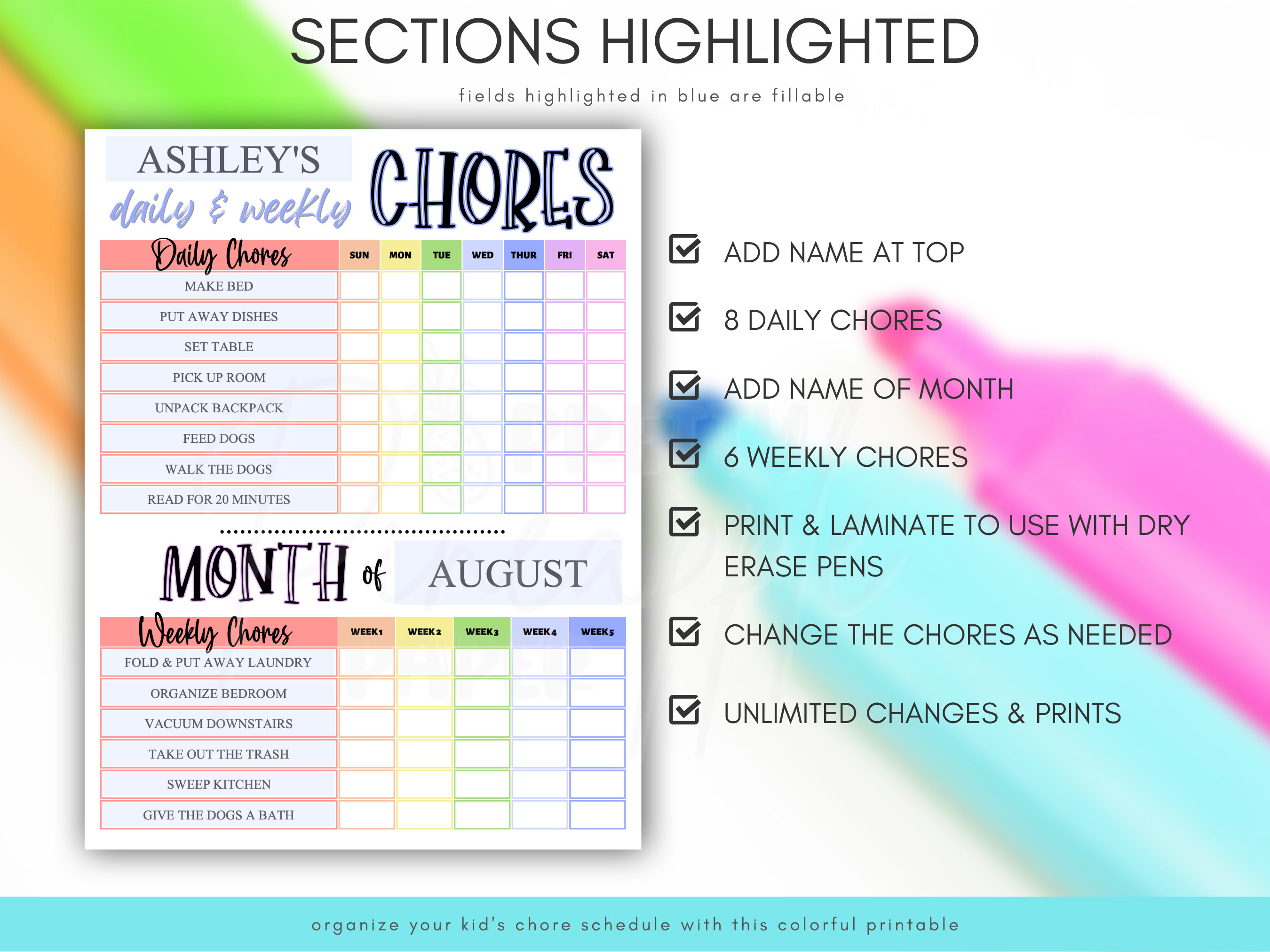 Editable Daily and Weekly Kids Chore Chart, Childs Responsibility List ...