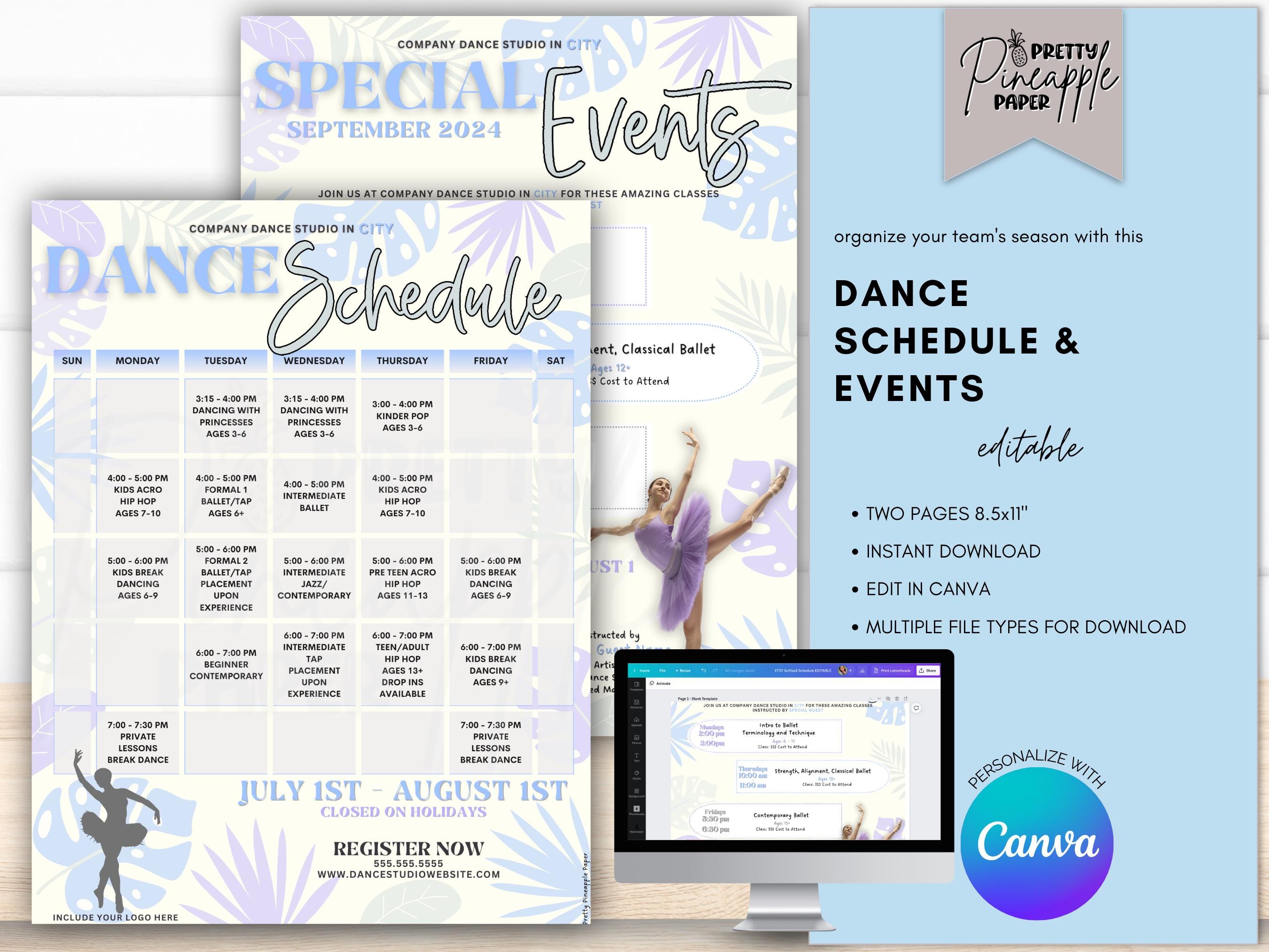 Editable Dance Schedule for Studio, Monthly Calendar, Special Events ...