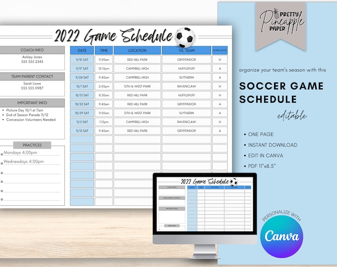 Editable Soccer Game Schedule Template, Instant Digital Download to ...
