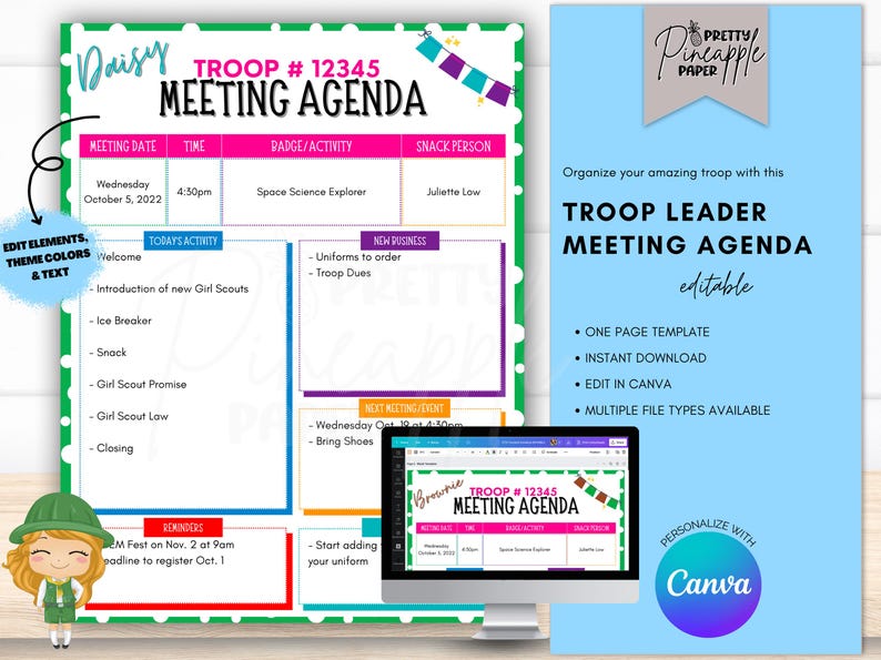 Editable Troop Meeting Agenda Template, Meeting Notes, Instant Digital ...