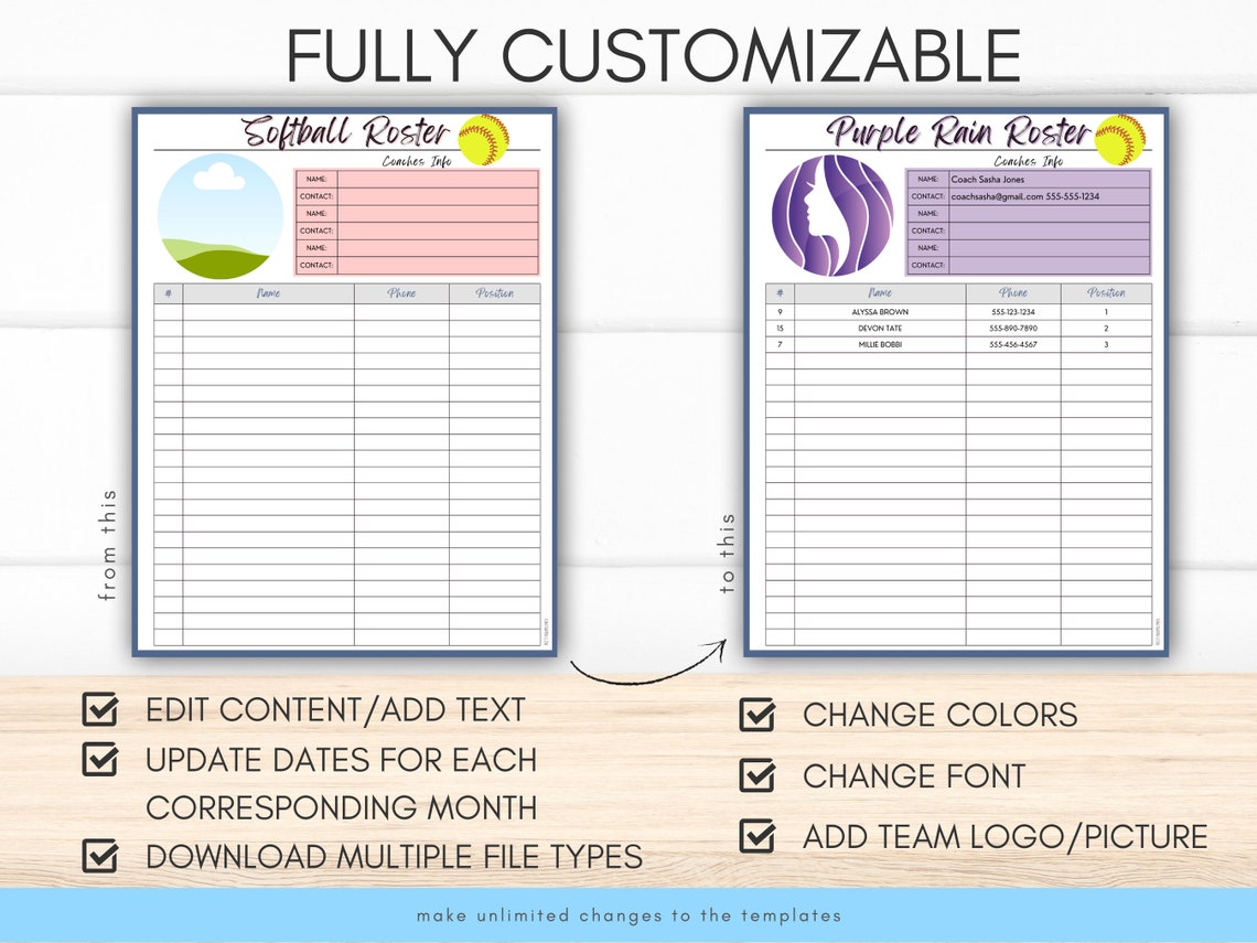 Editable Softball Roster Template, Game Day Team Info, Coach Planner ...