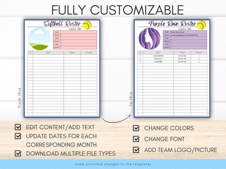 Editable Softball Roster Template, Game Day Team Info, Coach Planner ...