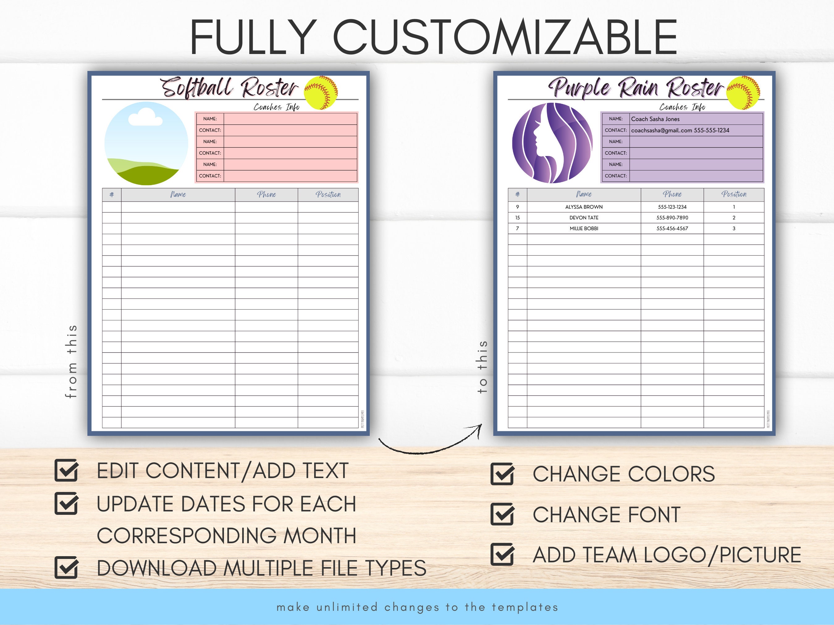 Editable Softball Roster Template, Game Day Team Info, Coach Planner ...