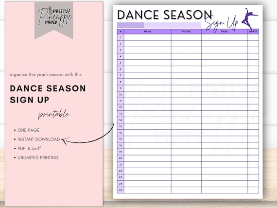 Printable Dance Season Sign up Sheet Instant Download - Etsy
