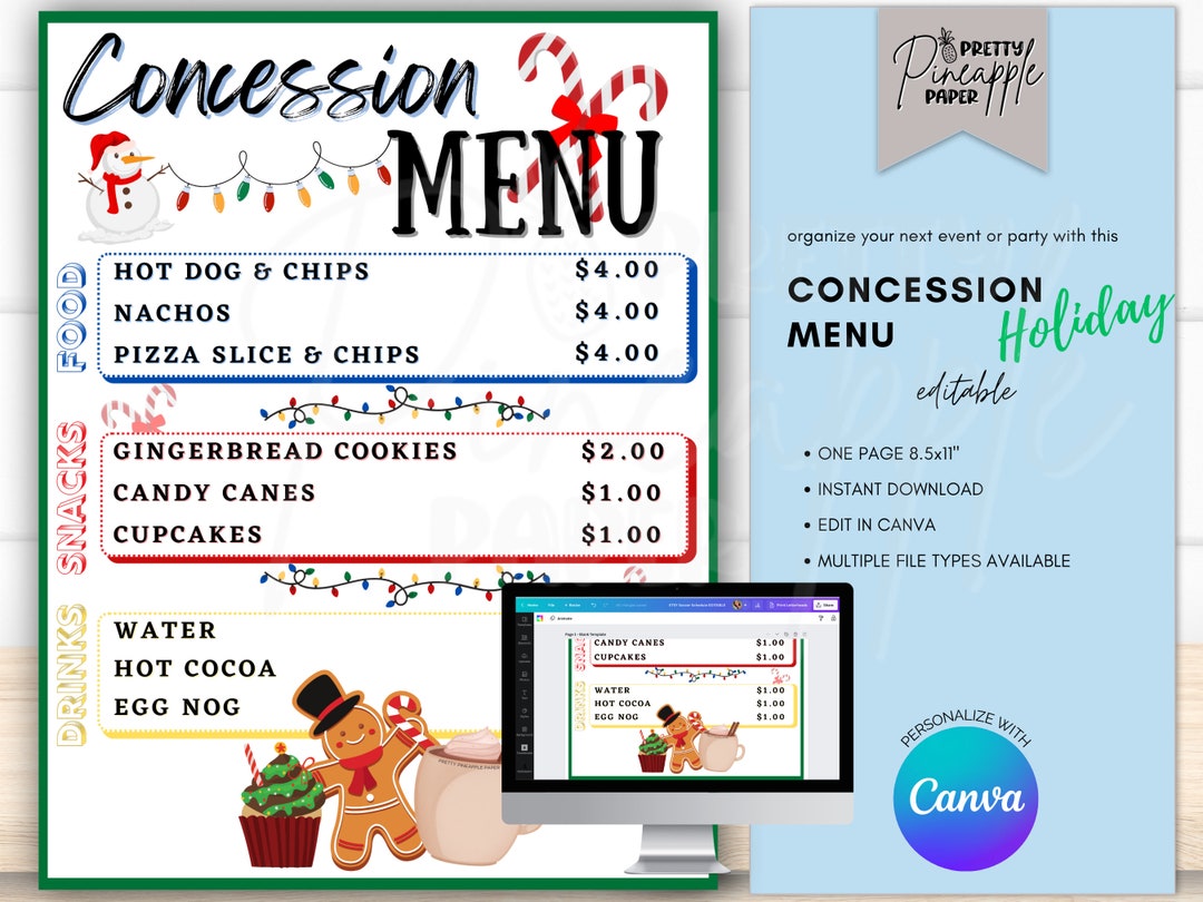 Editable Concession Stand Menu Christmas Holiday, Canva Template, Party ...