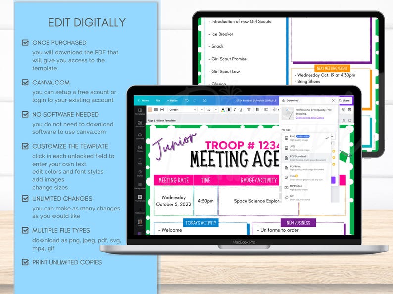 Editable Troop Meeting Agenda Template, Meeting Notes, Instant Digital ...