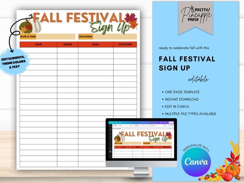 Editable Fall Festival Sign up Sheet, Instant Digital Download, Edit in ...