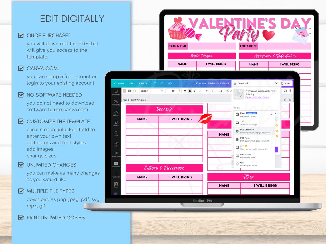 Editable Valentine's Day Potluck Party Sign up Sheet, Instant Digital ...