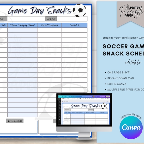Snack Schedule Template for Soccer - Etsy