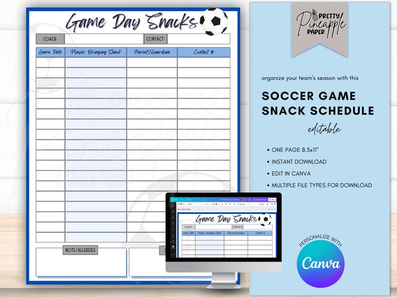 Editable Soccer Game Day Snack Schedule Template Instant Etsy
