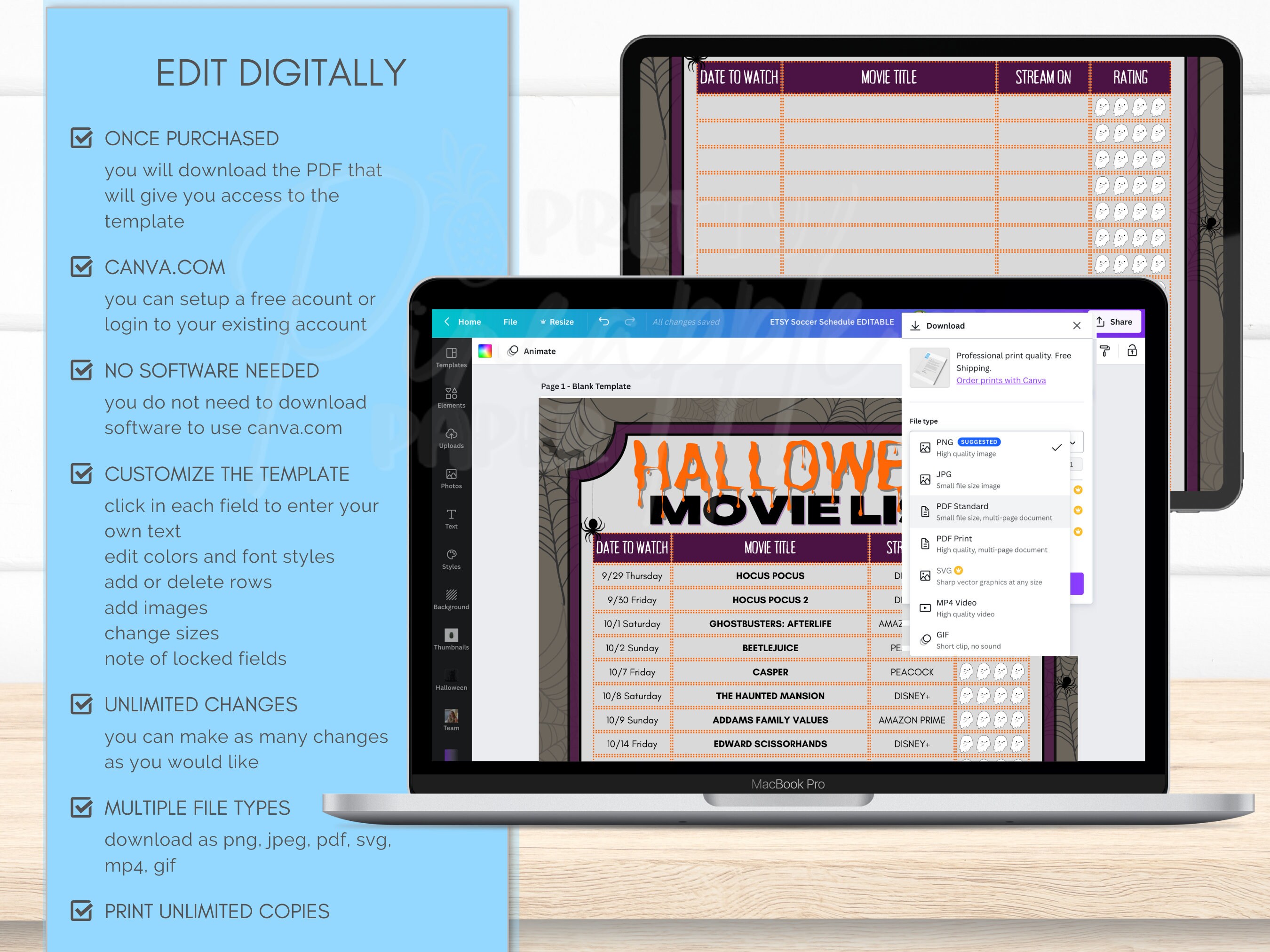Editable Halloween Movie Watch List, Movie Night Printable, Film Bucket ...