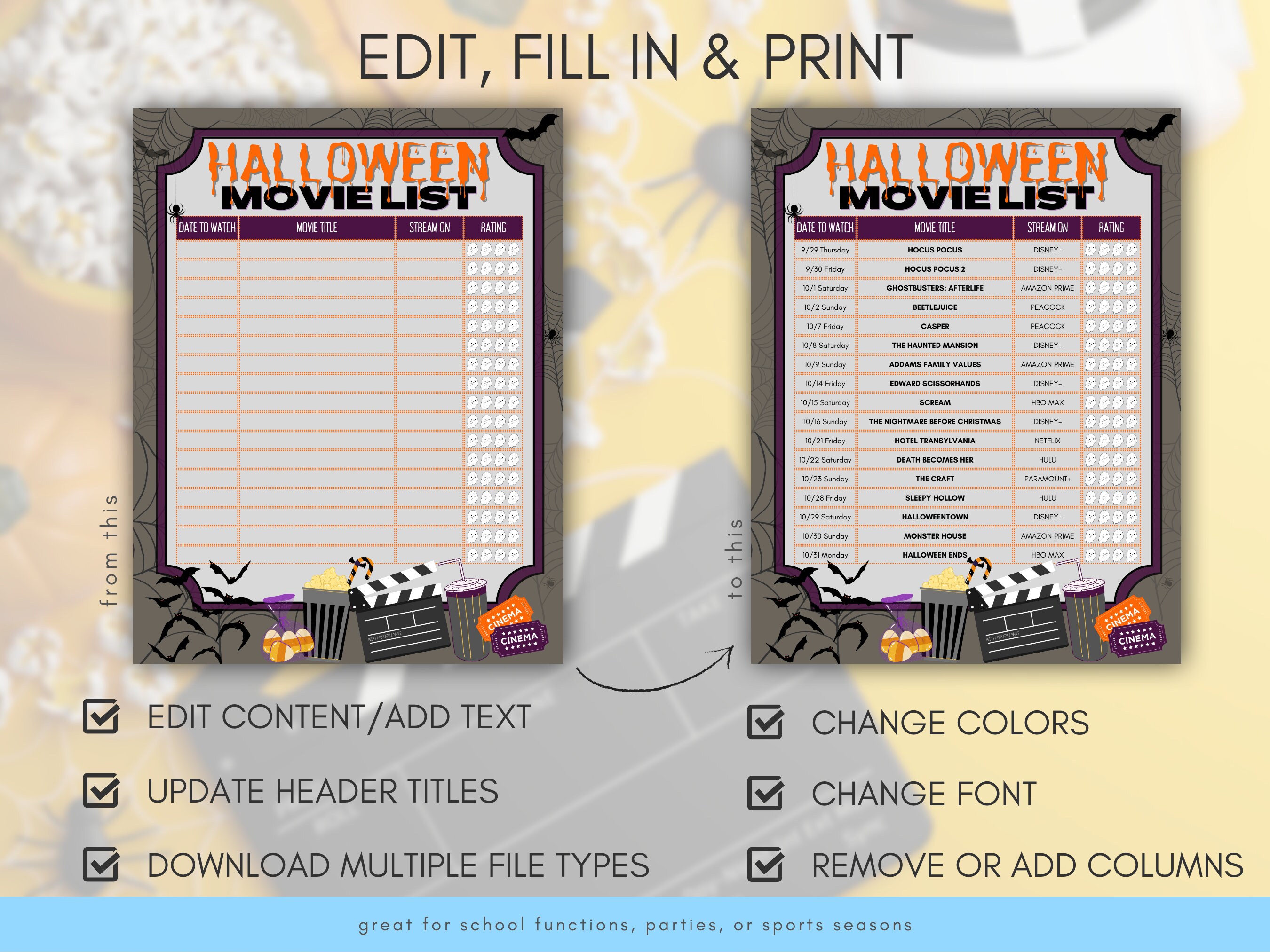 Editable Halloween Movie Watch List, Movie Night Printable, Film Bucket ...