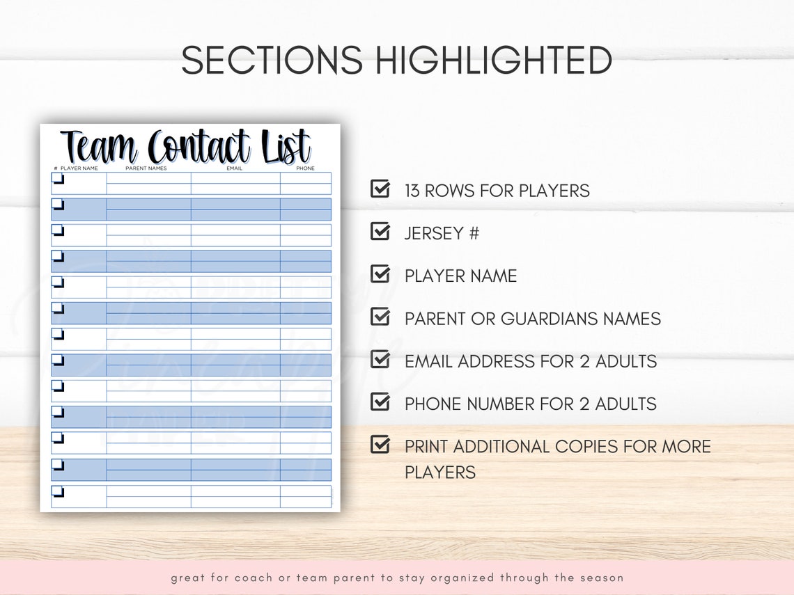Printable Team Contact List Instant Download for Coach and Team Mom or ...