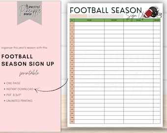 Printable Football Season Sign up Sheet Instant Download - Etsy