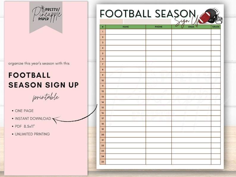 Printable Football Season Sign up Sheet Instant Download Template ...