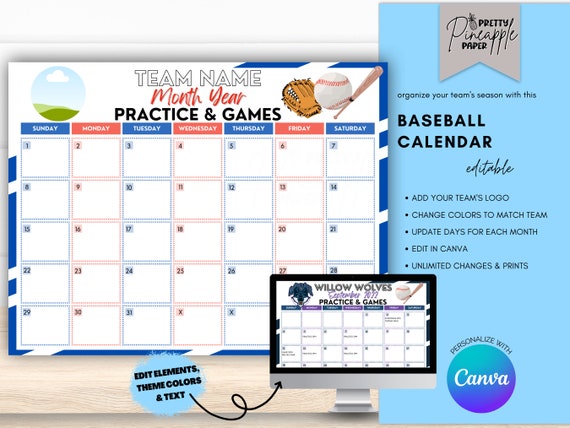 Editable Baseball Calendar Template Instant Download Practice - Etsy ...