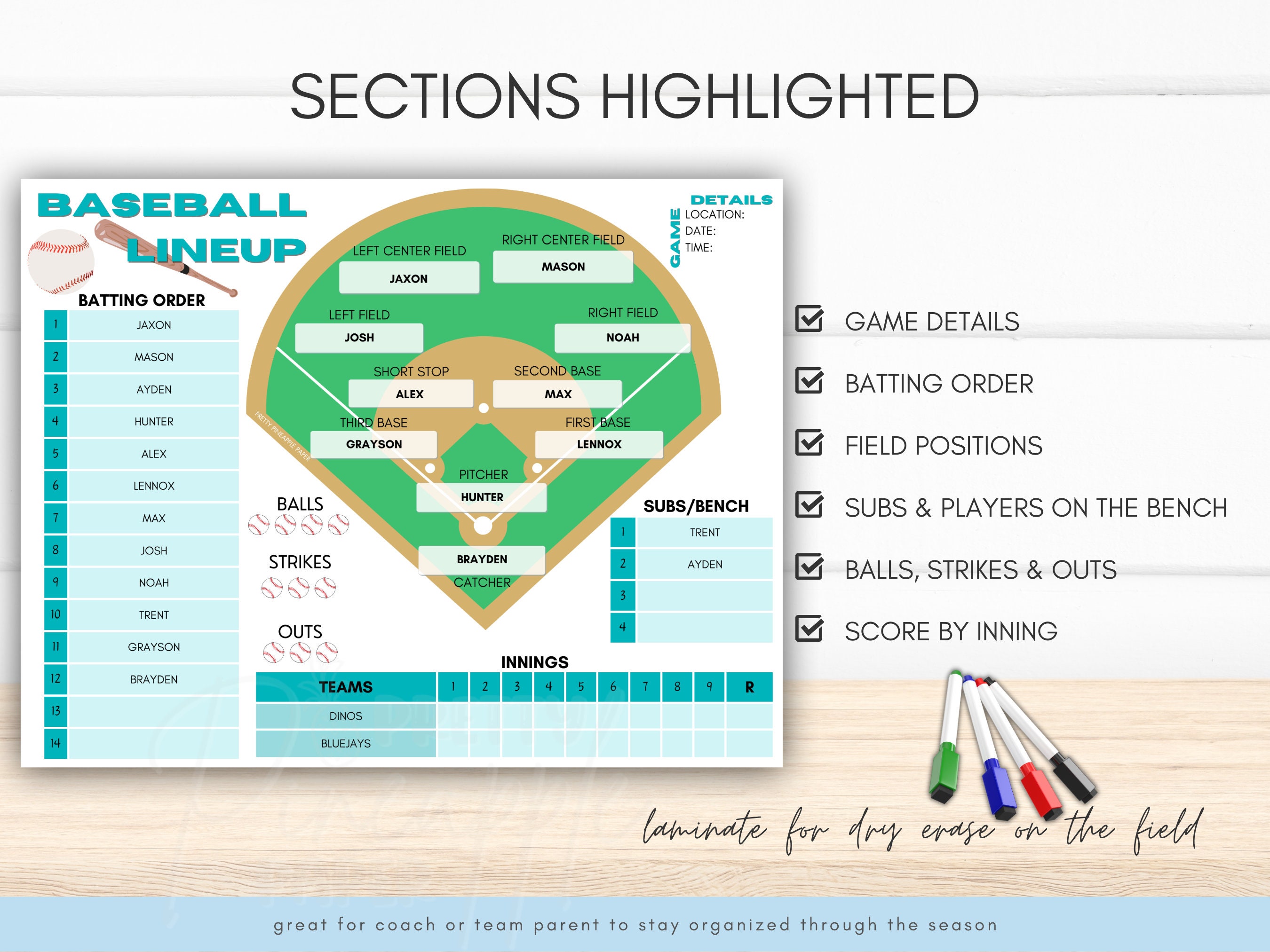 Editable Baseball Line up and Field Position Printable Sheet. Players ...