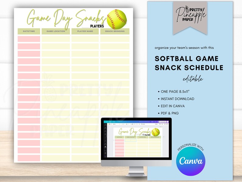 Editable Softball Game Day Snack Schedule Template. Instant - Etsy