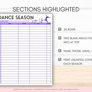 Printable Dance Season Sign up Sheet Instant Download Template, Dance ...