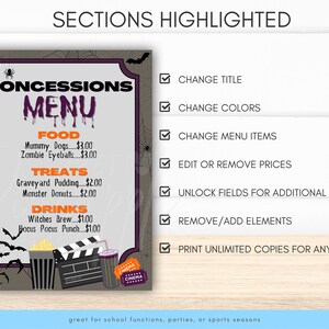 Editable Halloween Concession Menu, Snack Bar Printable, Movie Night ...