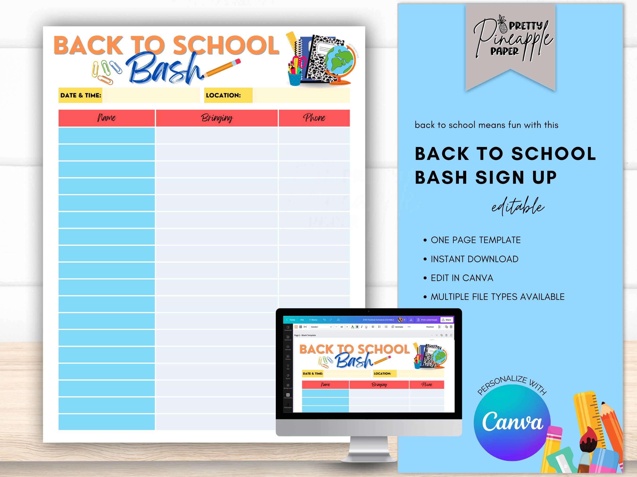 Editable Back to School Bash Sign up Sheet, Instant Digital Download ...