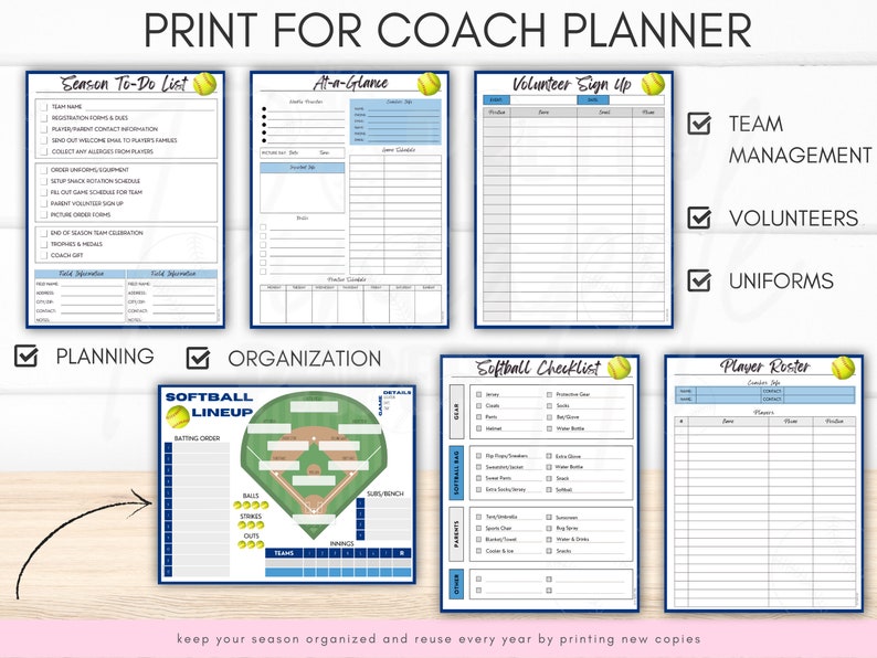 Printable Softball Team Management Planner for Coach and Team Mom, Game ...