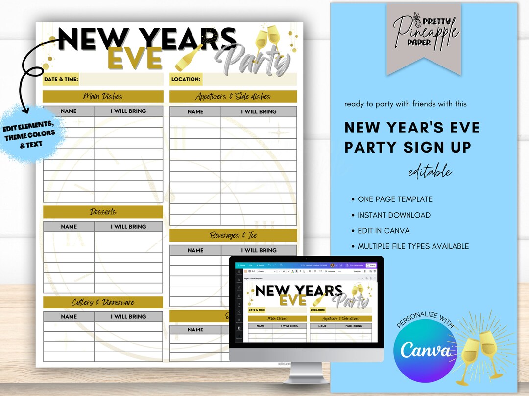 Editable New Year's Eve Party Sign up Sheet, Instant Digital Download ...