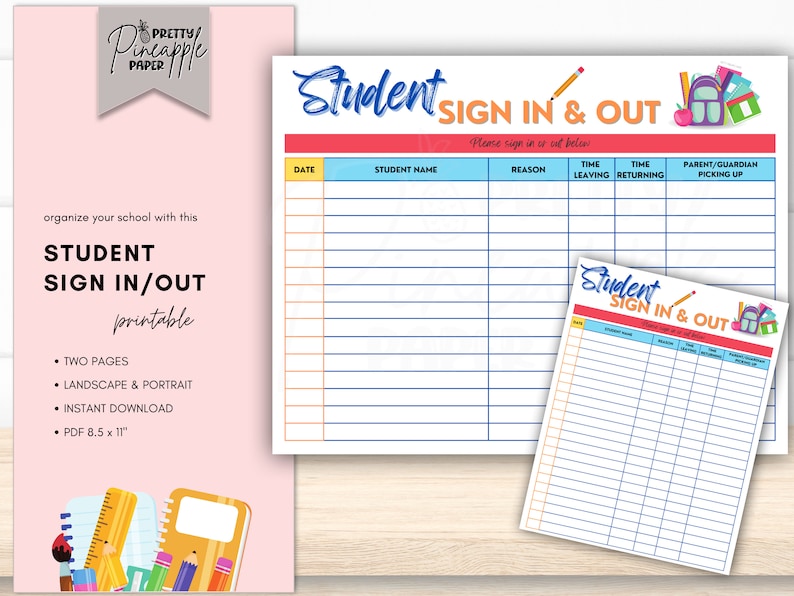 Printable School Student Sign in and Out Sheet, Instant Digital ...