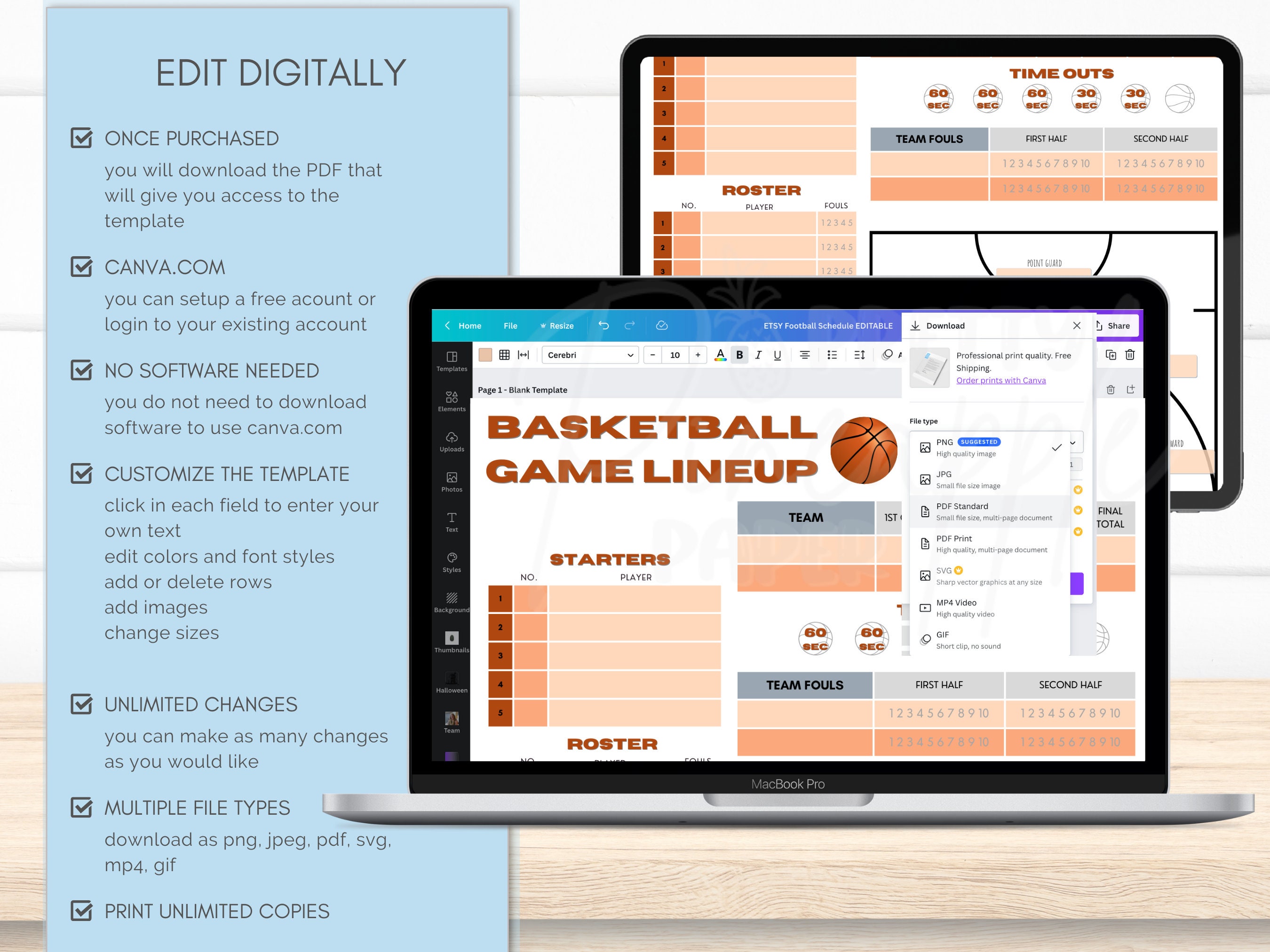 Editable Basketball Game Lineup, Roster, Scoring, Court, Bench ...